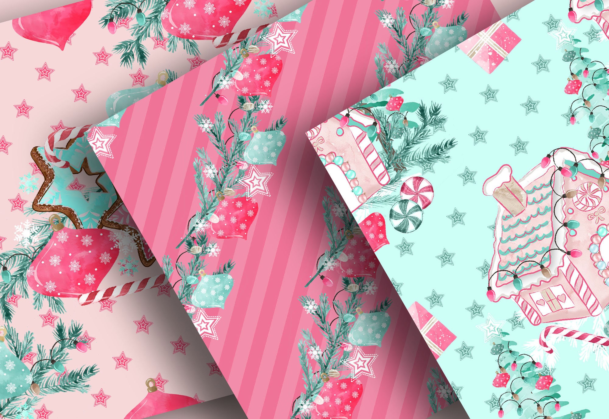 Peppermint Christmas Digital Paper Pack Cute Poinsettia - Etsy