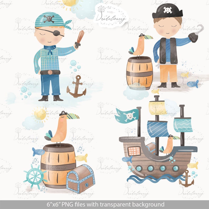 Watercolor Kids Pirates Design Nursery Clipart Sea Boys - Etsy