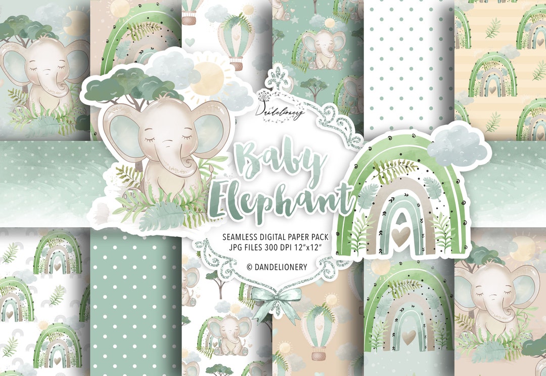 Watercolor Baby Elephant Green Digital Paper Pack, Rainbows Digital ...