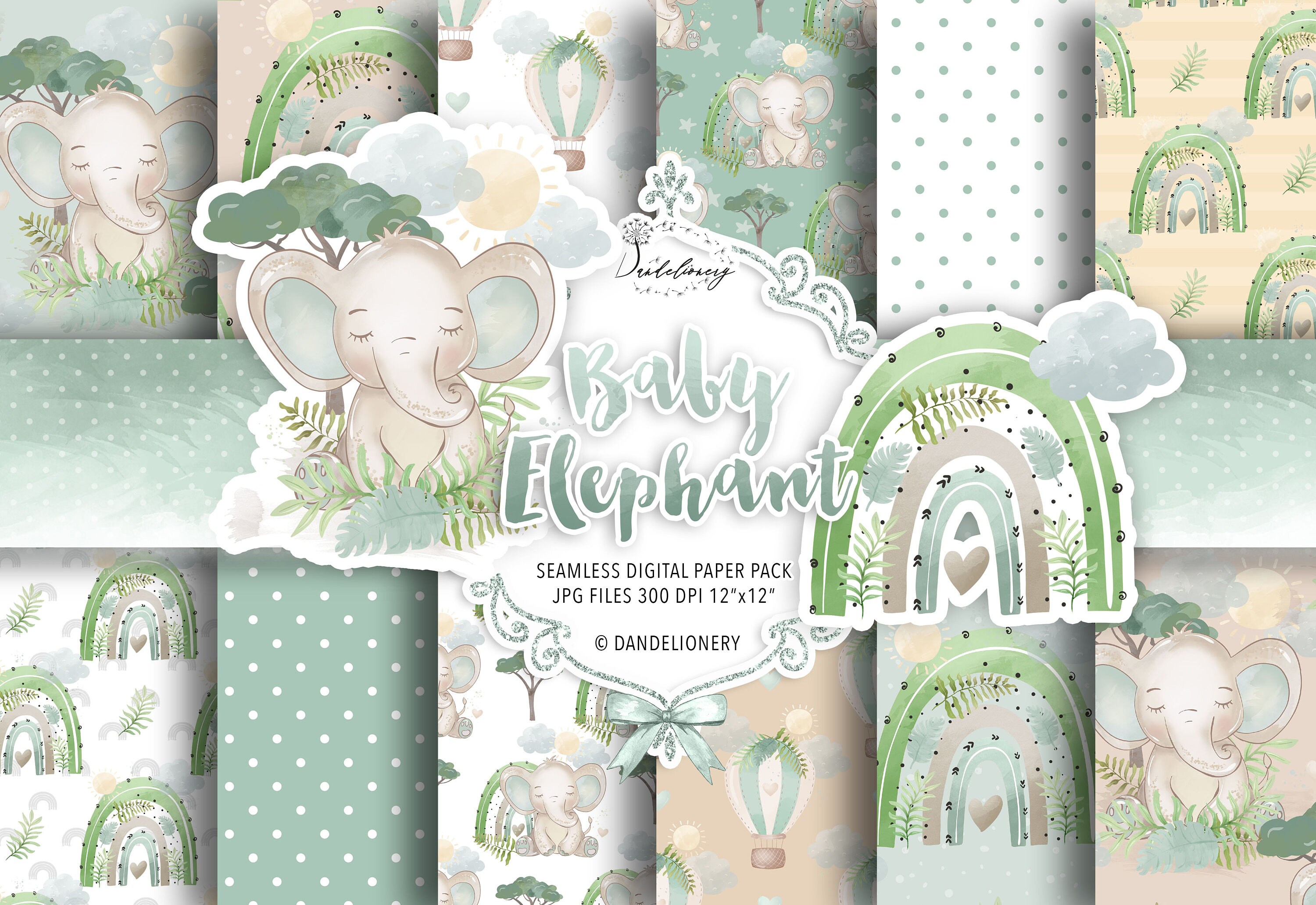 Watercolor Baby Elephant Green Digital Paper Pack Rainbows - Etsy