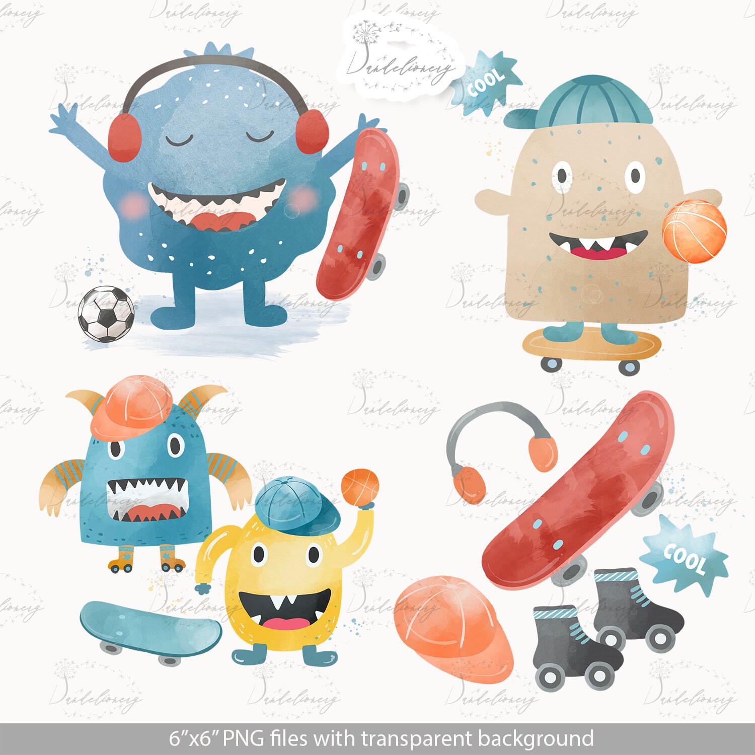 Watercolor Cool Monsters Design Nursery Clipart Sports Boys - Etsy