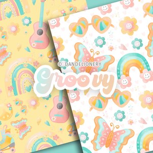 Groovy Digital Paper Pack, Retro, Rainbow, Rainbow Pattern, Hippie Car ...