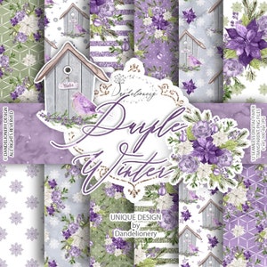 Purple Winter Digital Paper Pack, Cute Bird, Poinsettia, Christmas ...