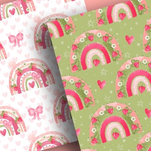 Strawberries Rainbow Digital Paper Pack, Rainbows Pattern, Strawberry ...
