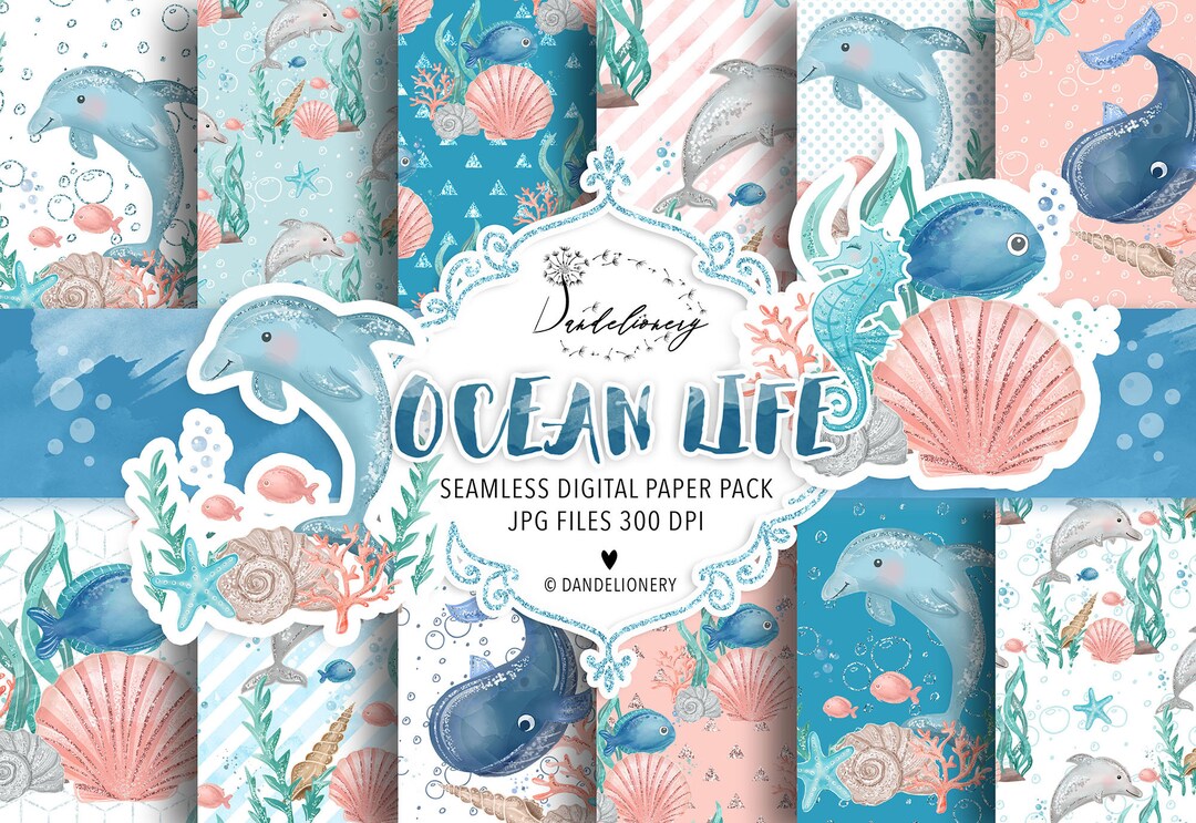 Watercolor Ocean Life Digital Paper Pack, Sea Animals Download, Instant ...