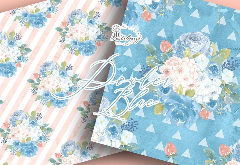 Watercolor Powder Blue Digital Paper Pack Garden Flower Clip | Etsy