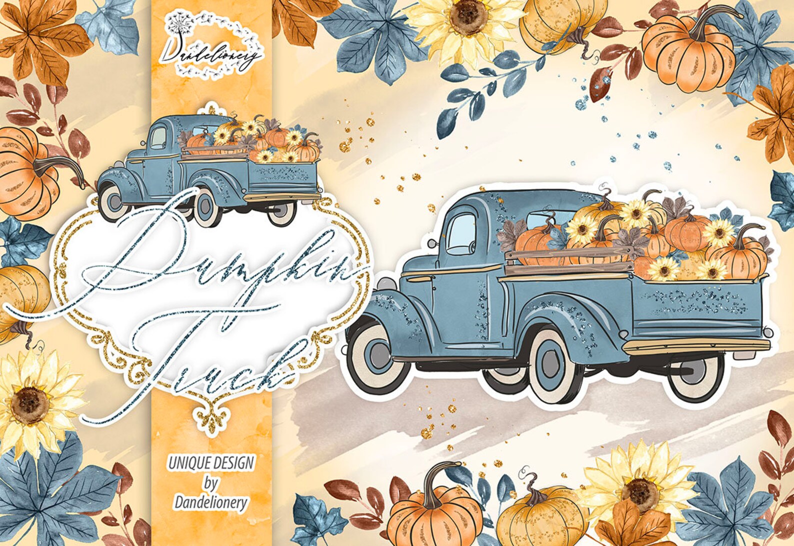 Pumpkin Truck Blue Design Thanksgiving Stickers Autumn | Etsy
