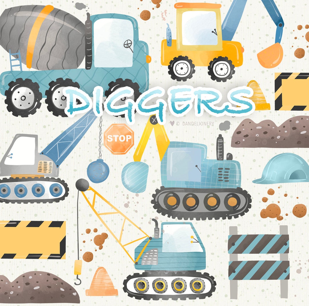 Watercolor Construction Diggers Clipart, Boy Clipart, Nursery, Small ...