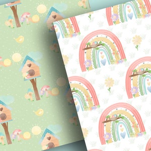 Watercolor Cute Spring Digital Paper Pack, Nursery Pattern, Sun, Bird ...