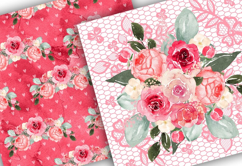 Watercolor Valentine Roses Digital Paper Pack Garden Flower - Etsy
