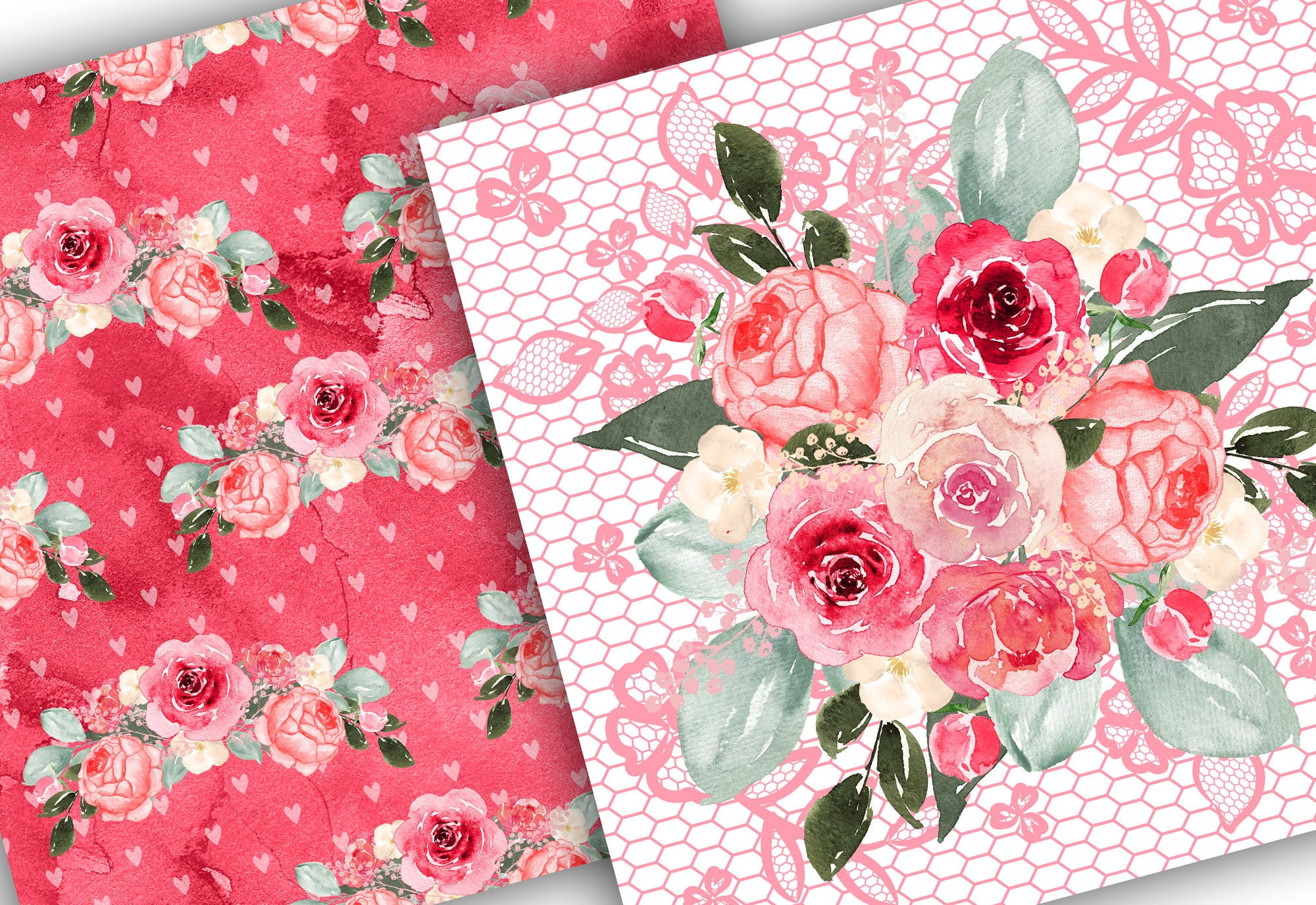 Watercolor Valentine Roses Digital Paper Pack Garden Flower - Etsy
