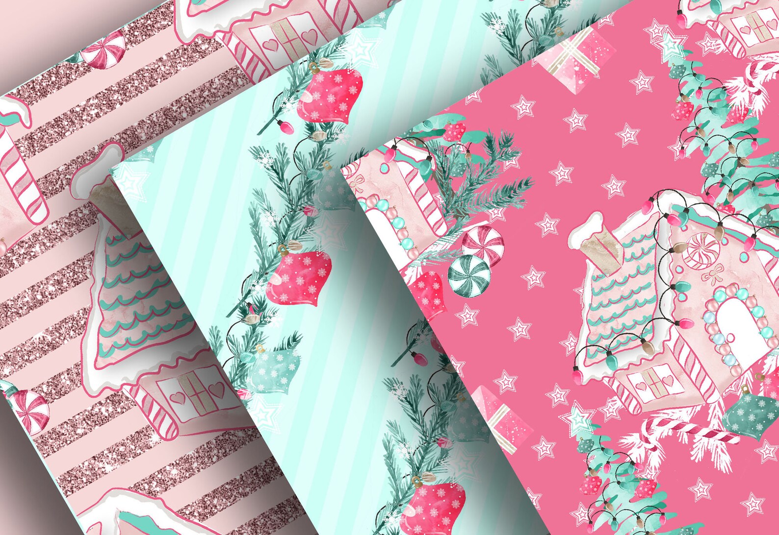 Peppermint Christmas Digital Paper Pack, Cute, Poinsettia, Christmas ...