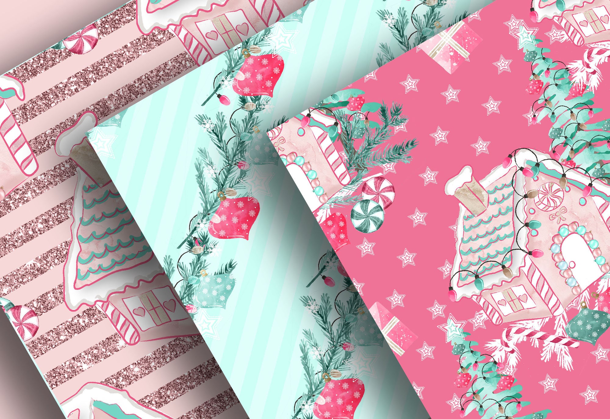 Peppermint Christmas Digital Paper Pack Cute Poinsettia - Etsy