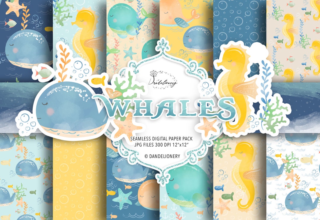 Watercolor Whales Digital Paper Pack, Nursery Pattern, Sea, Boys Paper ...