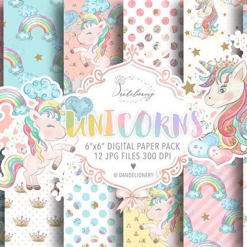 Watercolor Unicorns Digital Paper Pack Rainbow Unicorns - Etsy