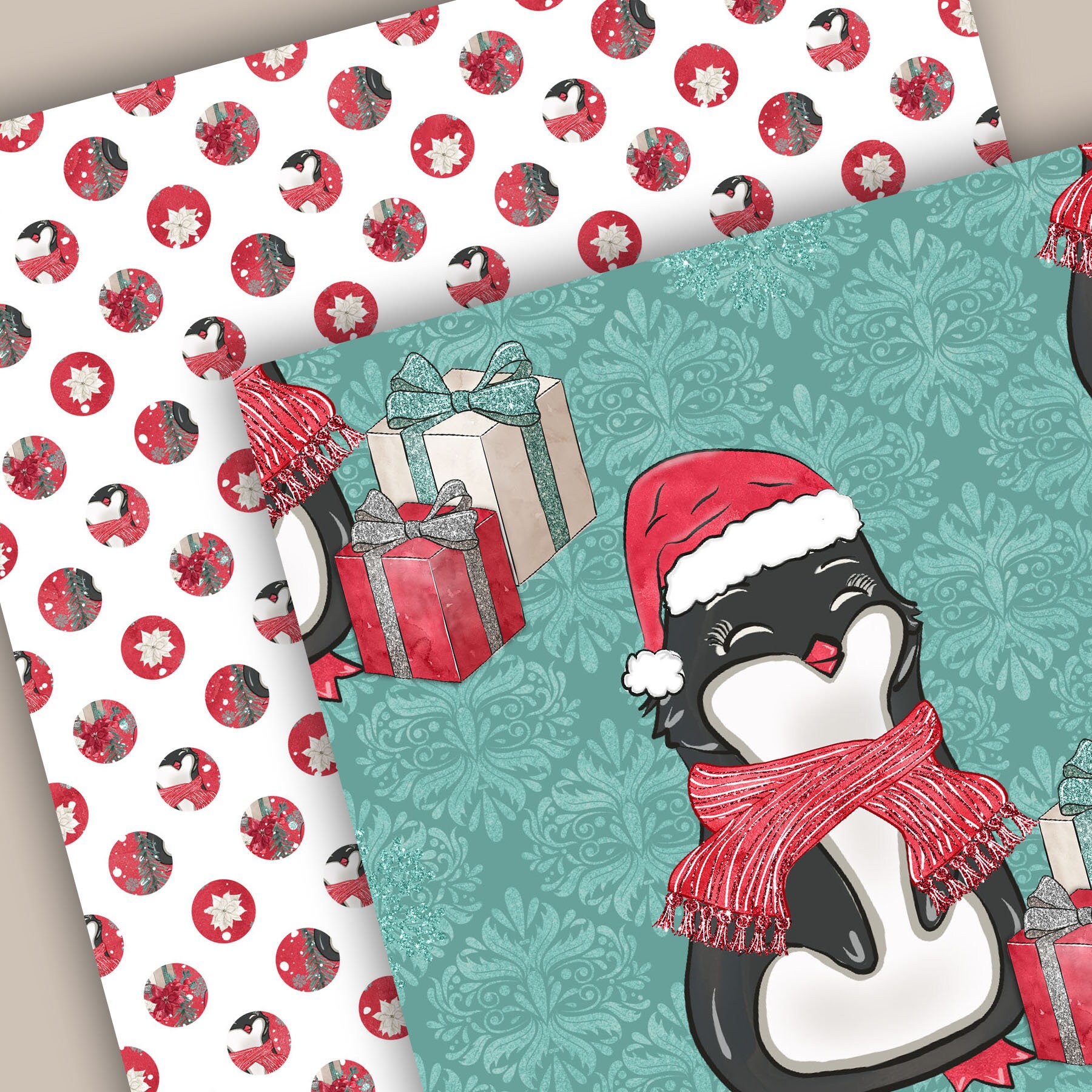 Penguin Winter Digital Paper Pack Christmas Tree Poinsettia - Etsy