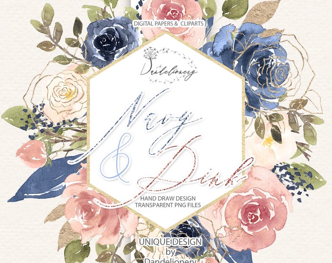 Watercolor Navy and Pink Design Garden Flower Clip Art Hand - Etsy
