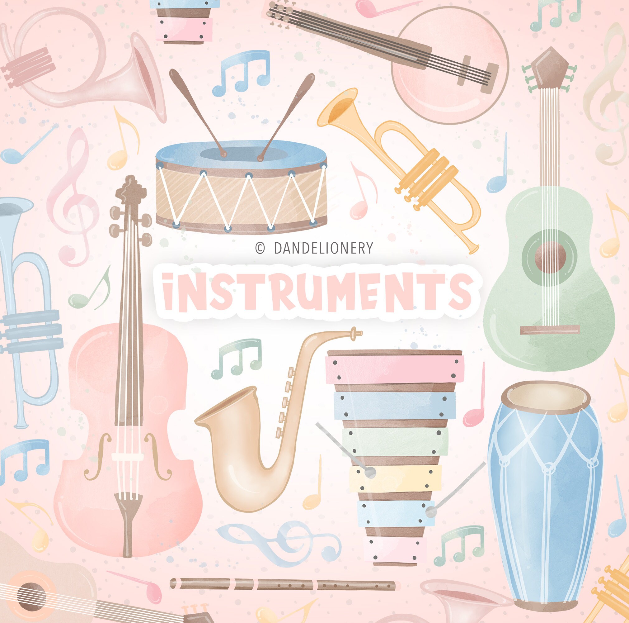 Watercolor Instruments Pastel Color Design, Guitar, Trumpet, Drum ...