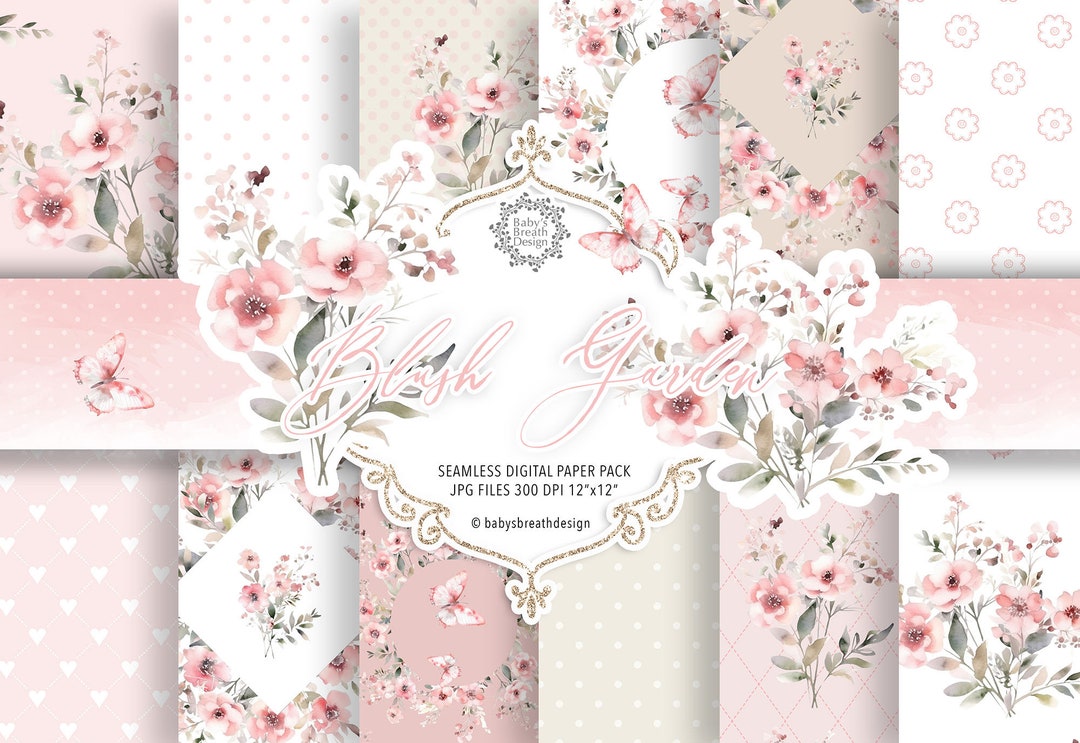 Blush Garden Watercolor Digital Paper Pack, Watercolor Floral Pattern ...