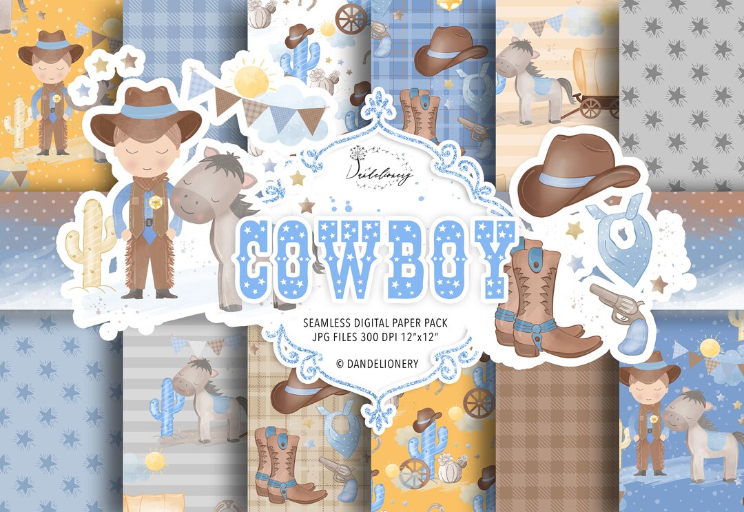 Cowboy Digital Paper Pack, Horse Pattern, Horseshoe, Cowboy Hat, Cacti ...