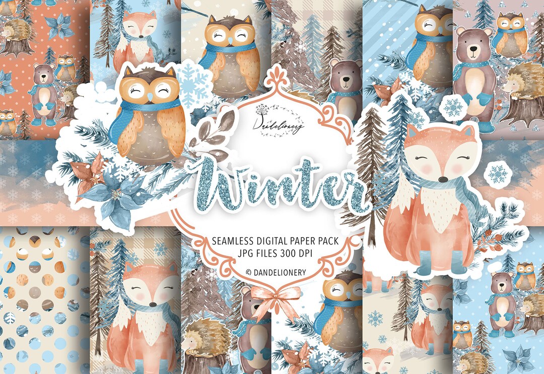 Winter Animals Digital Paper Pack, Christmas, Branches, Christmas ...