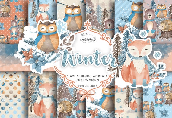 Winter Animals Digital Paper Pack Christmas Branches | Etsy