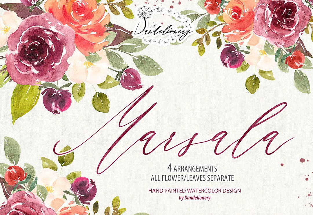 Watercolor Marsala Design, Garden, Flower Clip Art, Hand Drawn Flowers ...