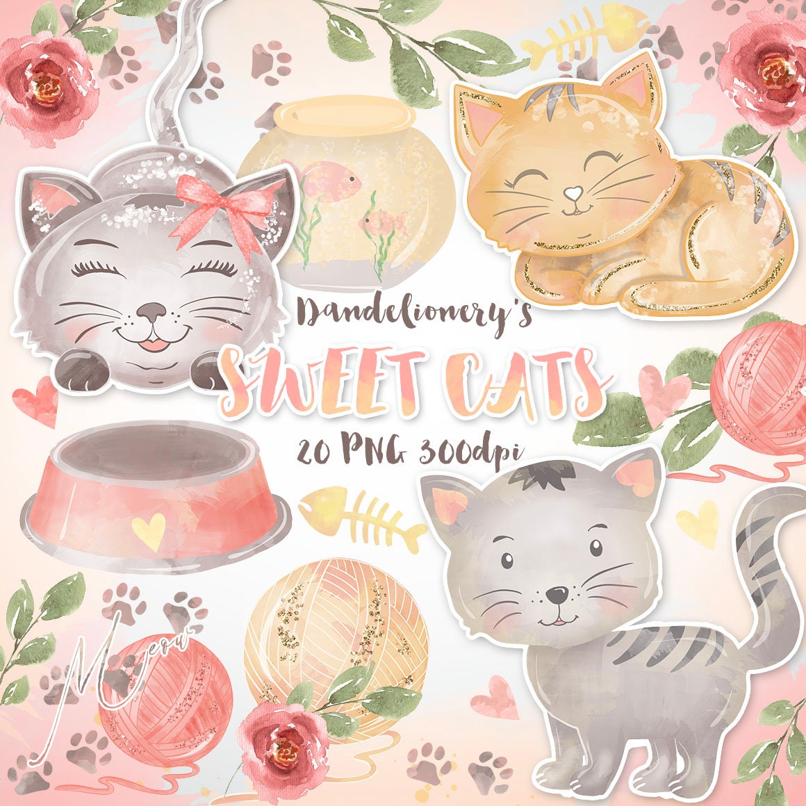 Watercolor Sweet Cats Clipart Cat Clipart Download Instant - Etsy