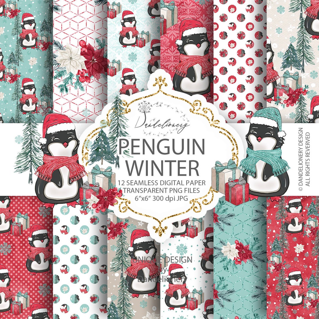 Penguin Winter Digital Paper Pack, Christmas Tree, Poinsettia ...
