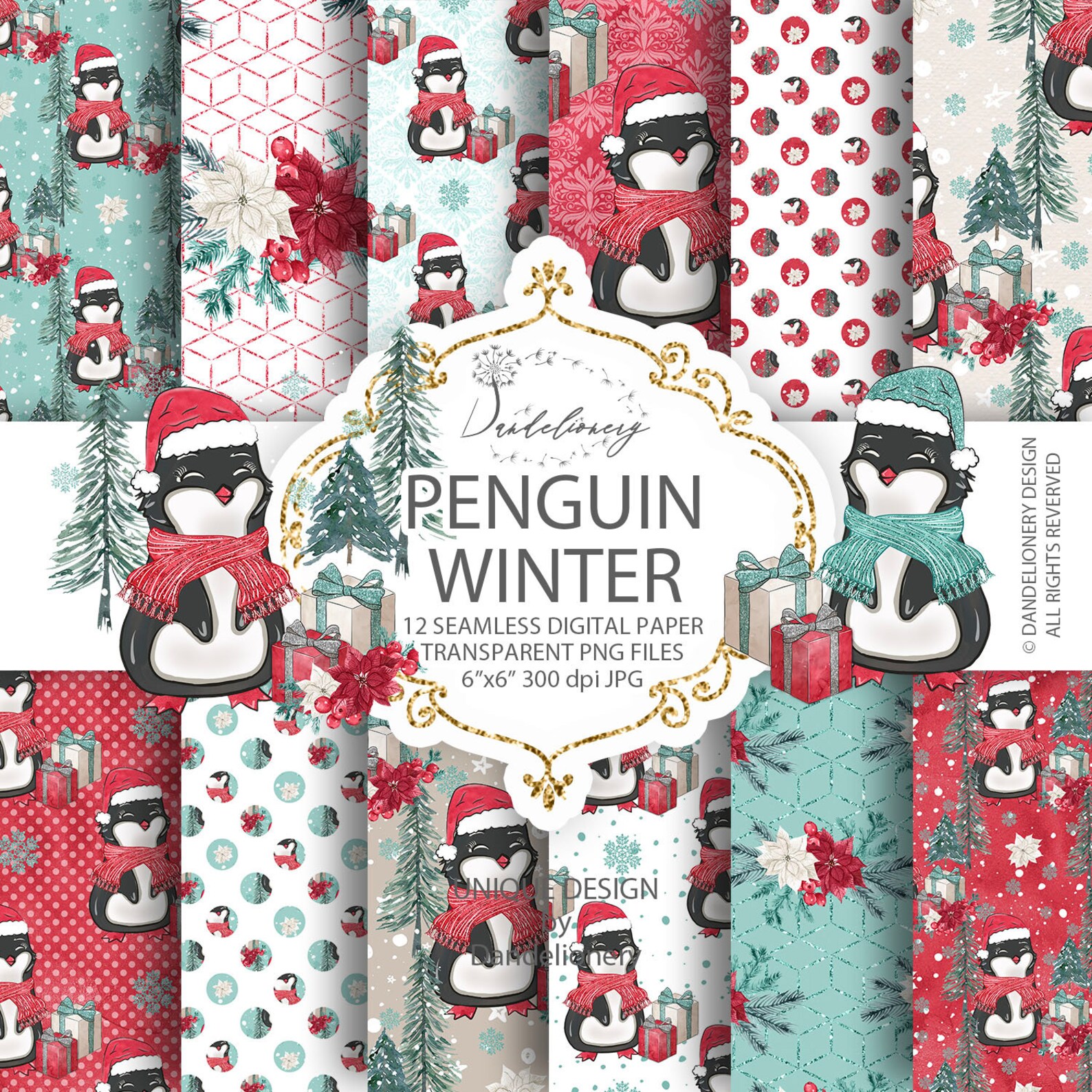 Penguin Winter Digital Paper Pack Christmas Tree Poinsettia - Etsy