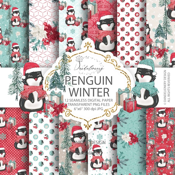 Christmas Digital Paper,Penguin Digital Paper,Christmas Penguin Pattern ...