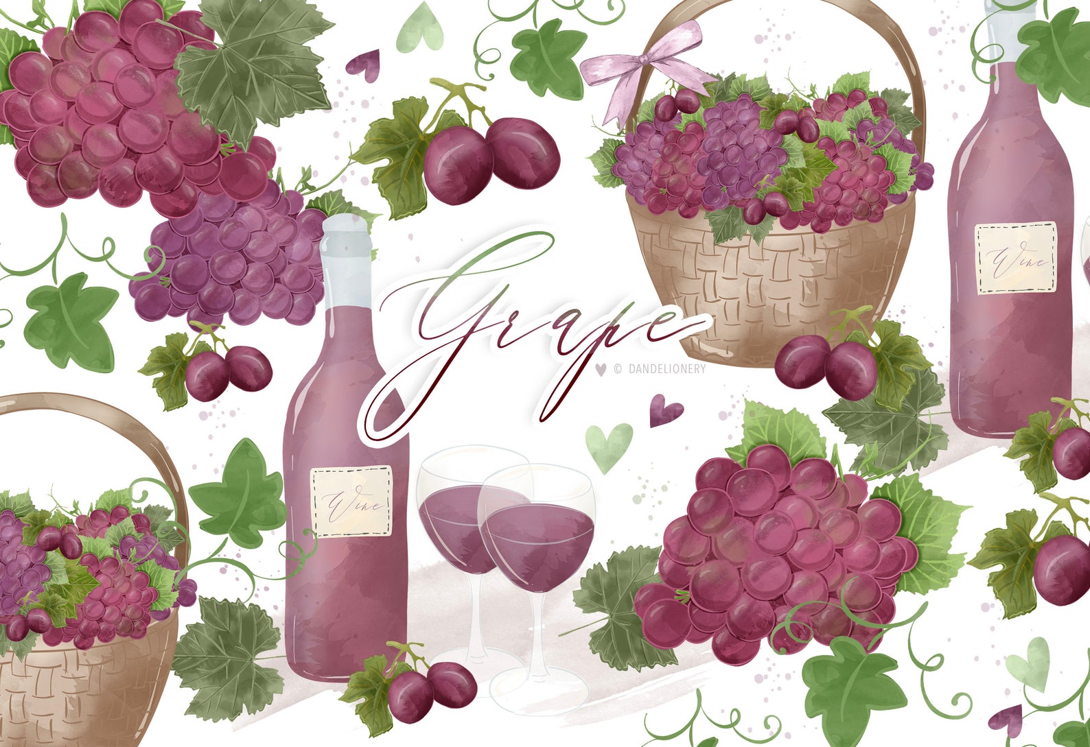 Watercolor Grape design fruit Clip Art wine wine bottle | Etsy