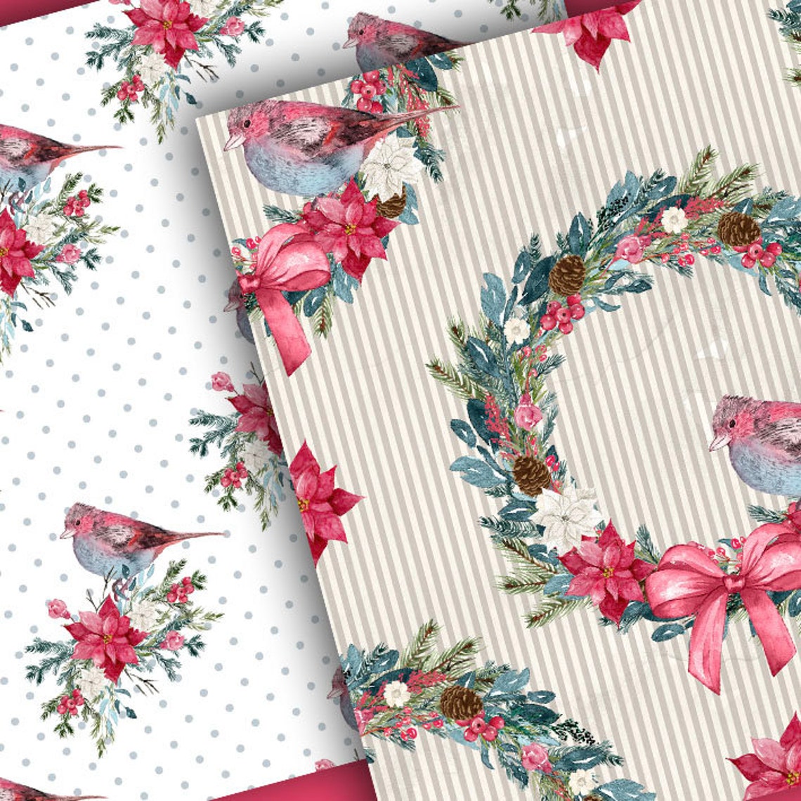 Joyful Winter Digital Paper Pack Christmas Tree Poinsettia | Etsy