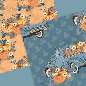 Pumpkin Truck Blue Digital Paper Pack, Thanksgiving Paper, Autumn, Fall ...