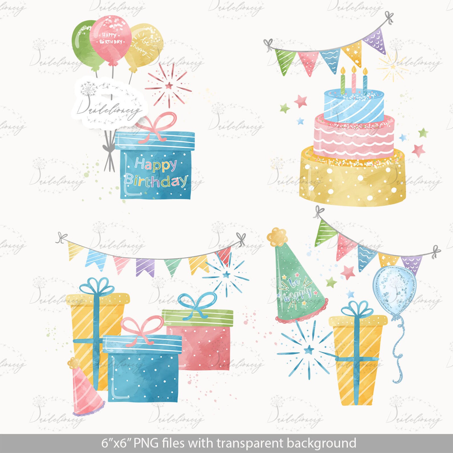 Watercolor Birthday Clipart Party Kids Birthday Printable - Etsy