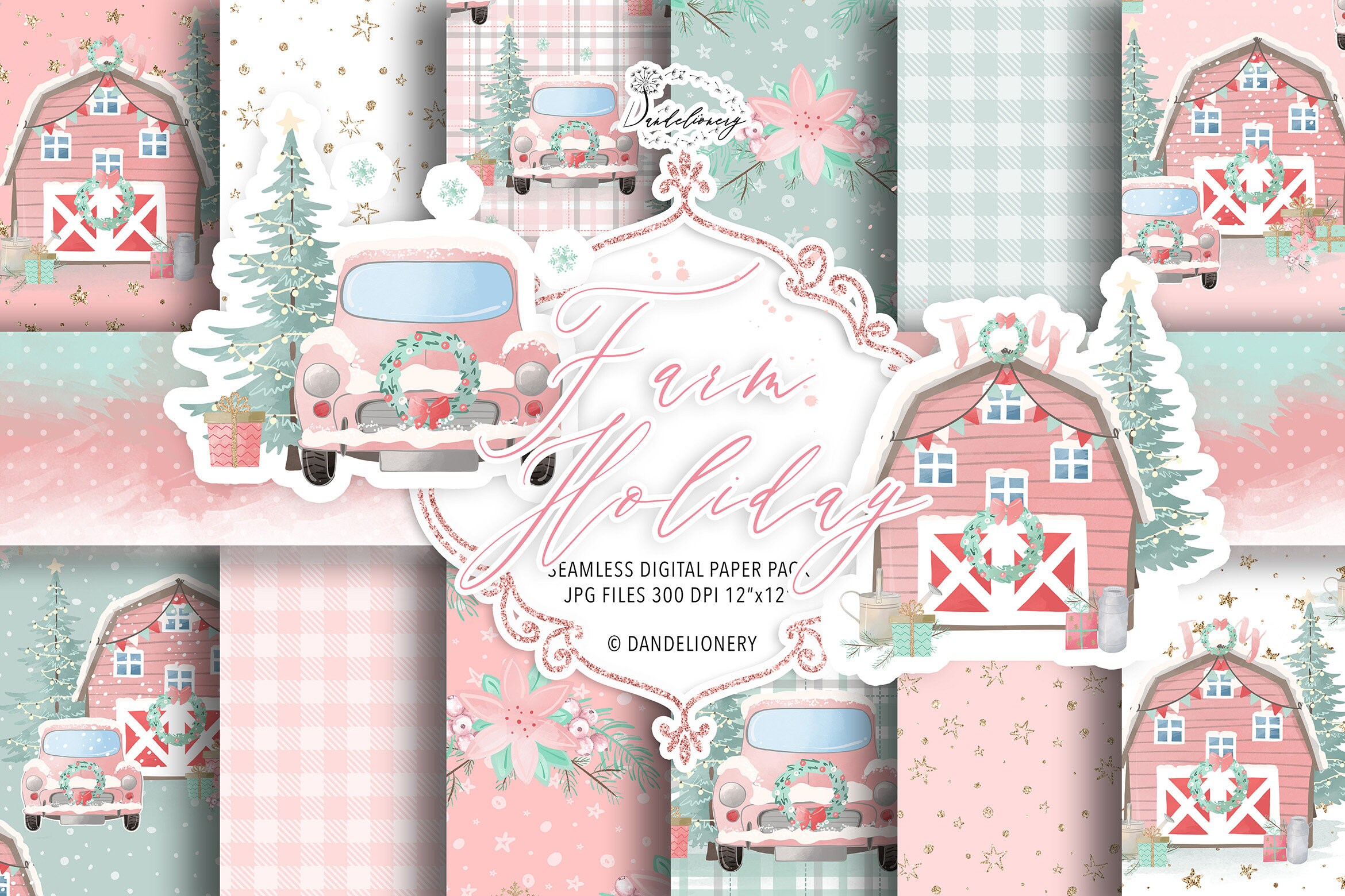 Pink Farm Holiday Digital Papers, Presents Digital, Christmas Pattern ...