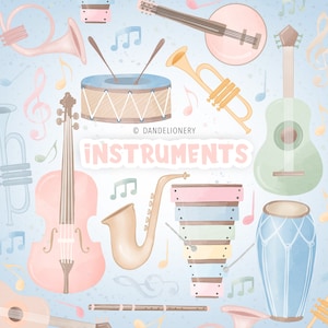 Watercolor Instruments Pastel Color Design, Guitar, Trumpet, Drum ...