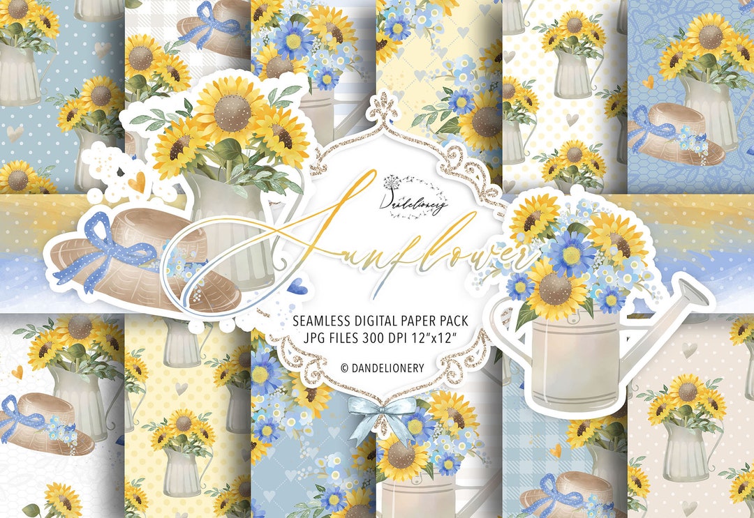 Watercolor Sunflower Garden Flower Digital Paper Pack, Seamless ...