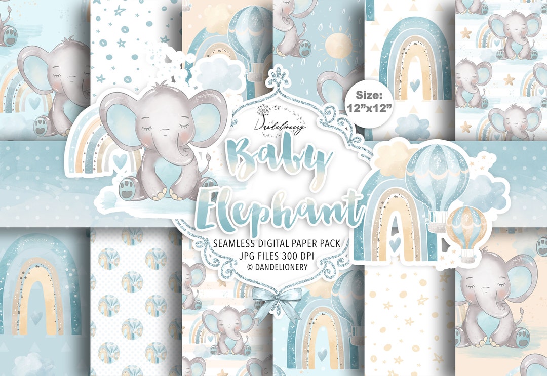Watercolor Baby Elephant Digital Paper Pack Boy, Rainbows Digital Paper ...