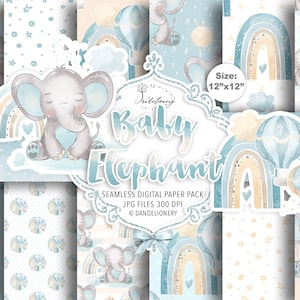 Watercolor Baby Elephant Digital Paper Pack Boy, Rainbows Digital Paper ...