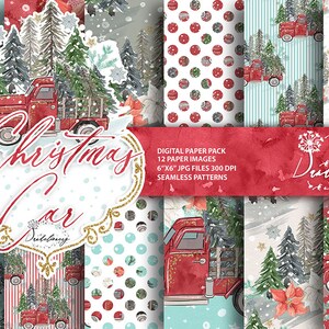 Christmas Car Digital Paper Pack, Christmas Tree, Poinsettia, Christmas ...