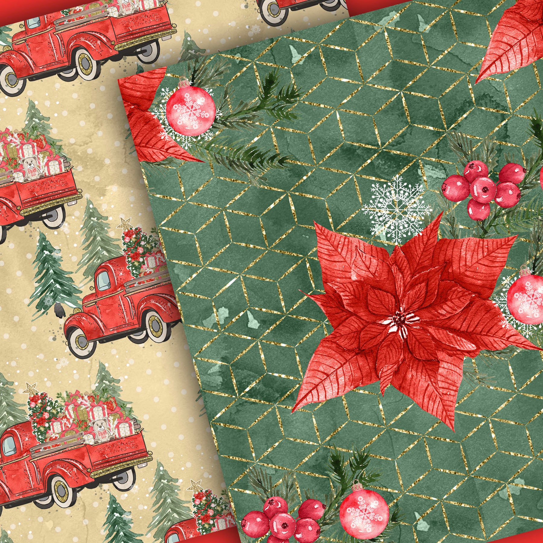 Christmas Car Digital Paper Pack Christmas Tree Poinsettia - Etsy