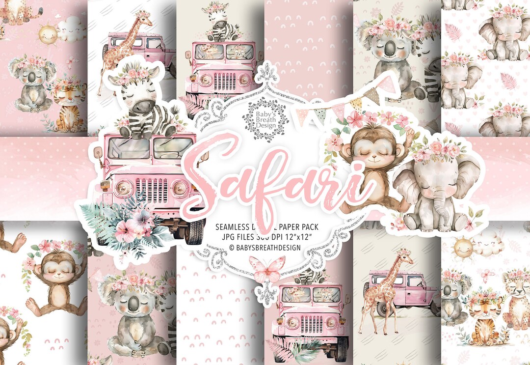 Pink Safari Animals Digital Paper Pack, Watercolor Safari Nursery ...