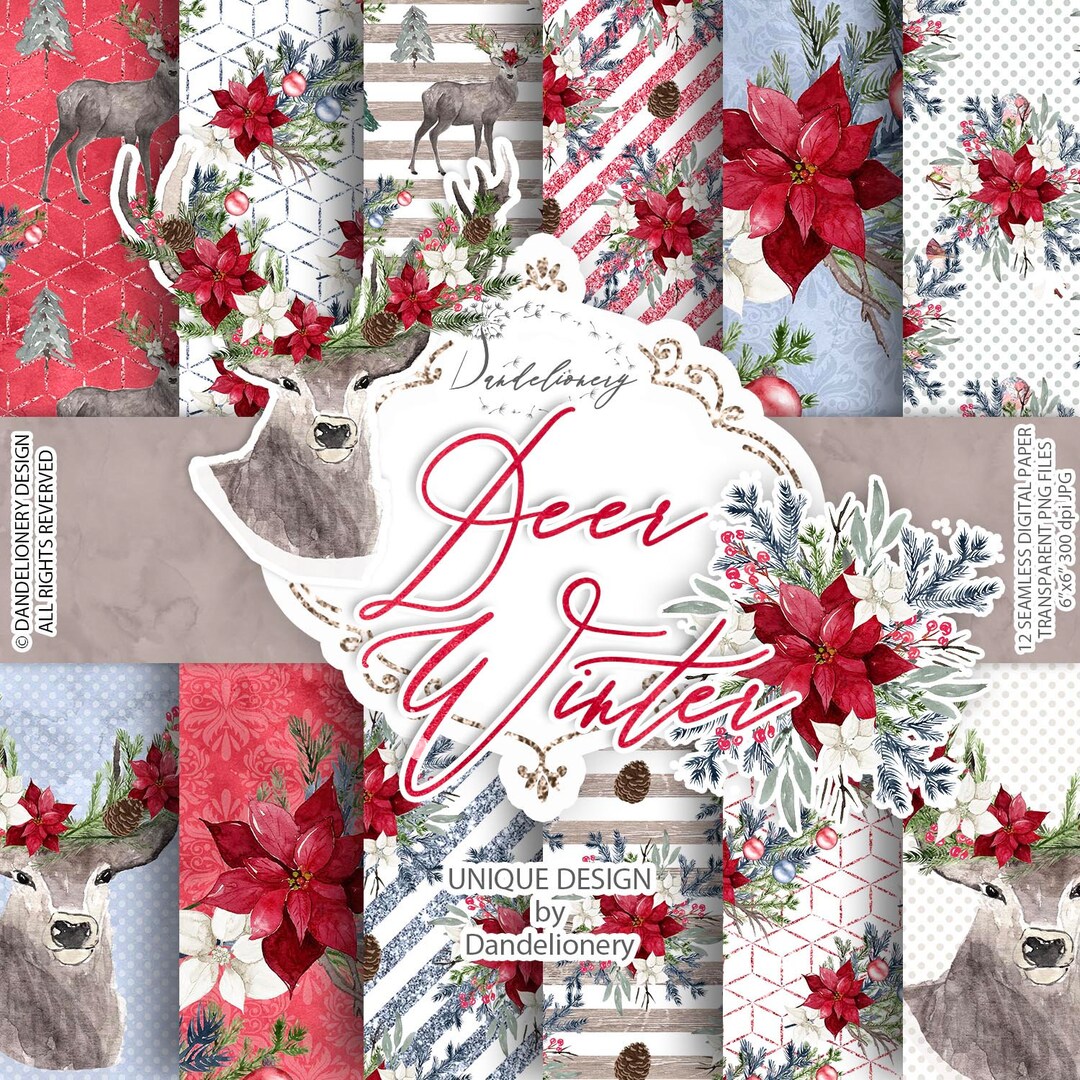 Deer Winter Digital Paper Pack, Christmas Bouquet, Poinsettia ...