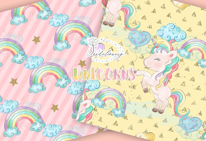Watercolor Unicorns II. Digital Paper Pack, Rainbow Unicorns Download ...