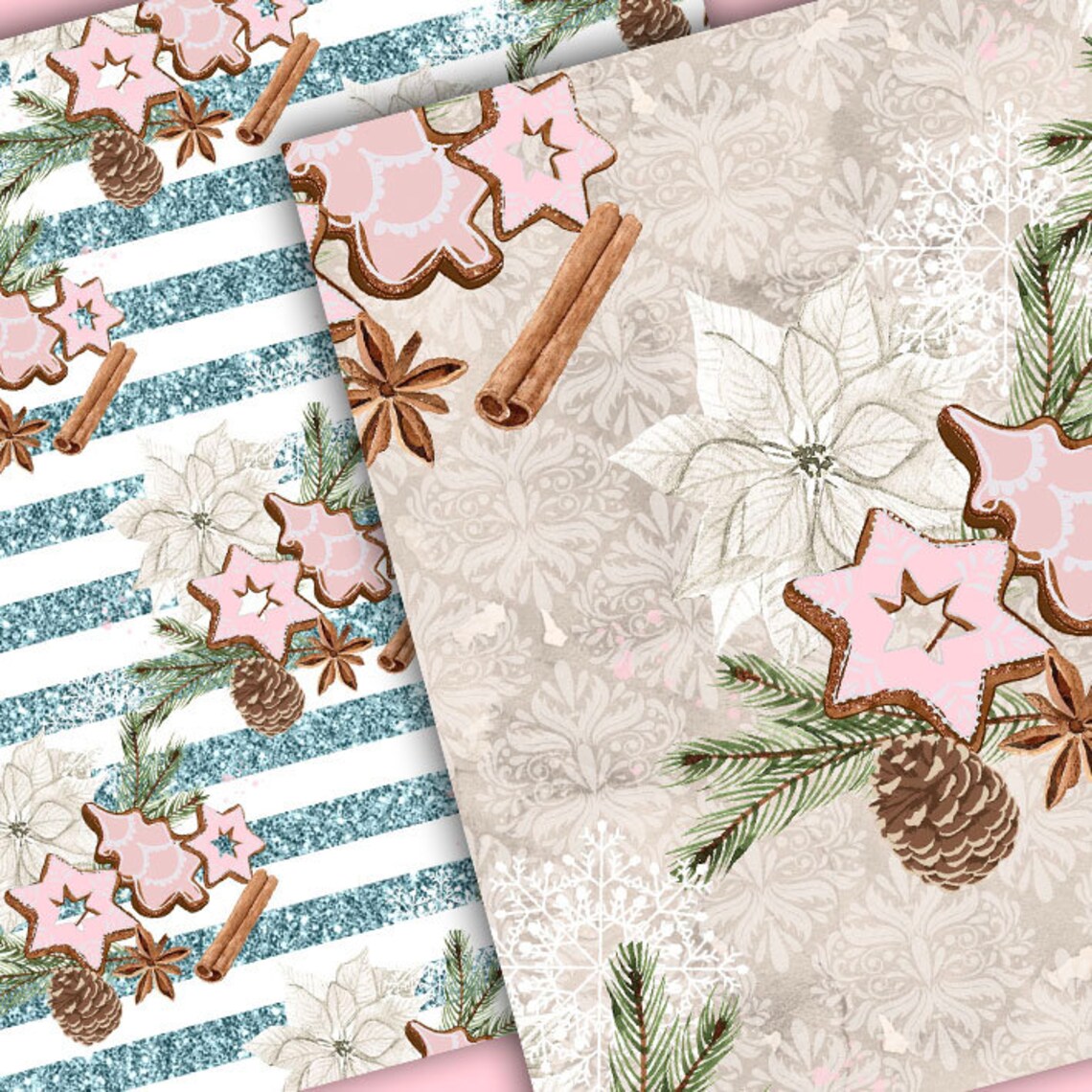 Gingerbread House Digital Paper Pack, Cinnamon, Poinsettia, Christmas ...