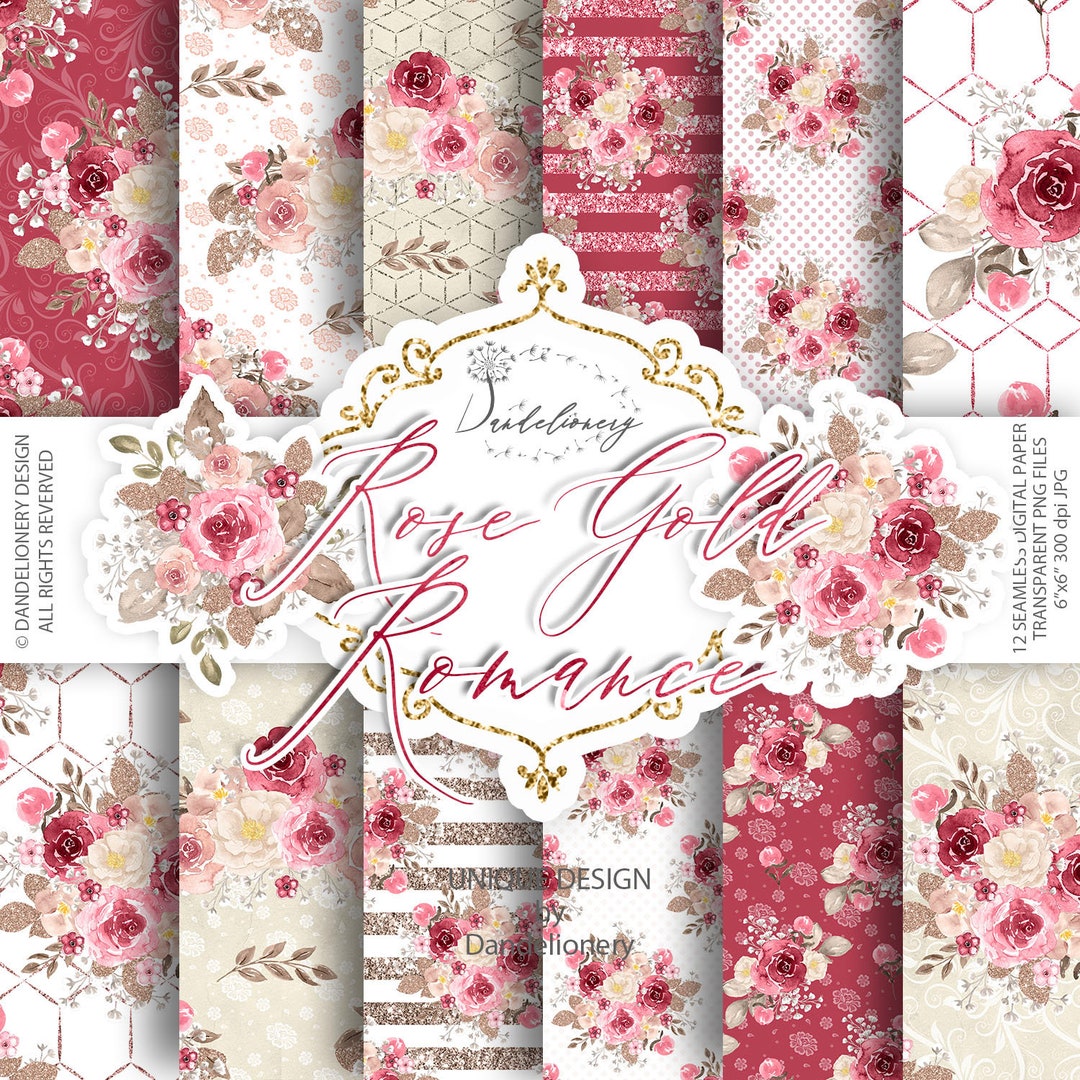 Watercolor Rose Gold Romance Digital Paper Pack, Garden, Flower Pattern ...