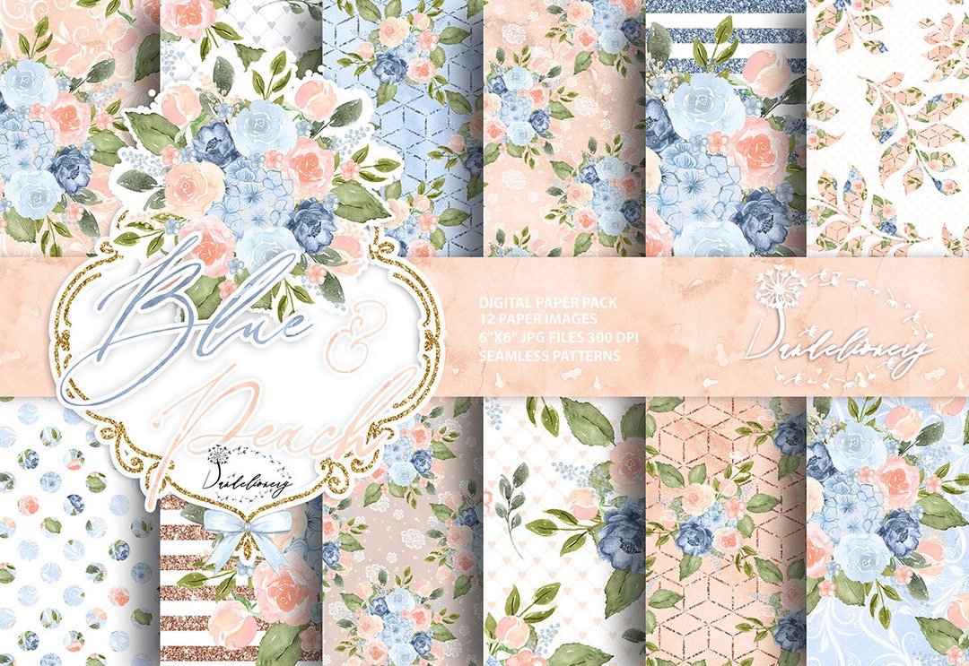 Watercolor Blue Peach Digital Paper Pack, Garden, Flower Pattern, Hand ...