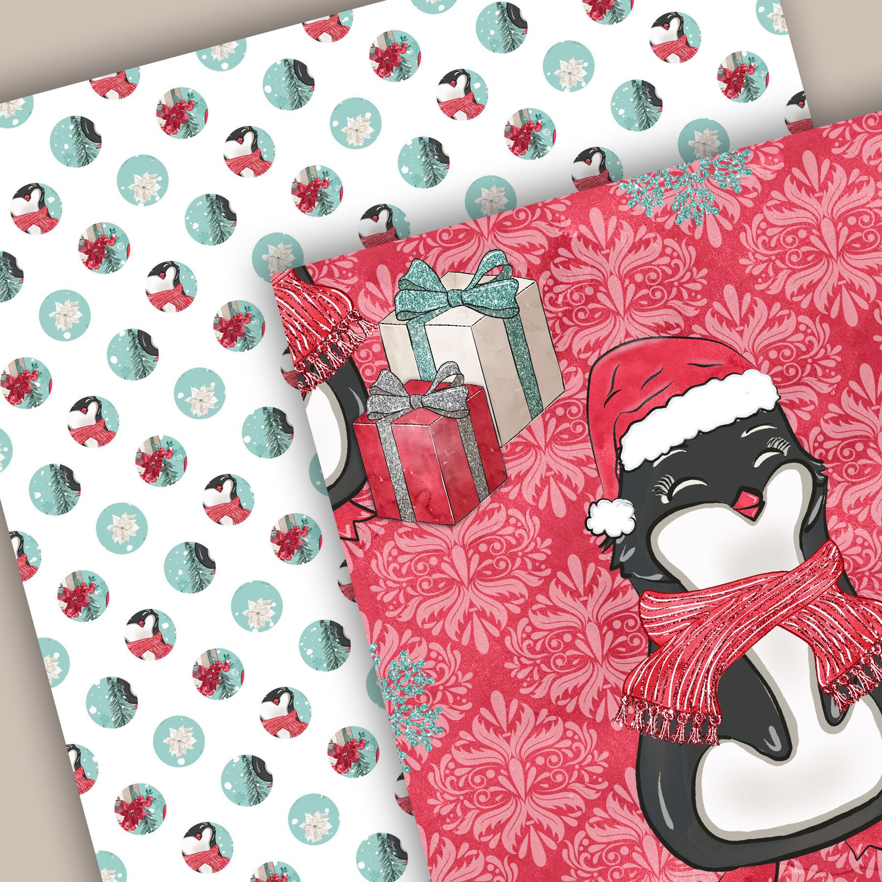 Penguin Winter Digital Paper Pack Christmas Tree Poinsettia - Etsy