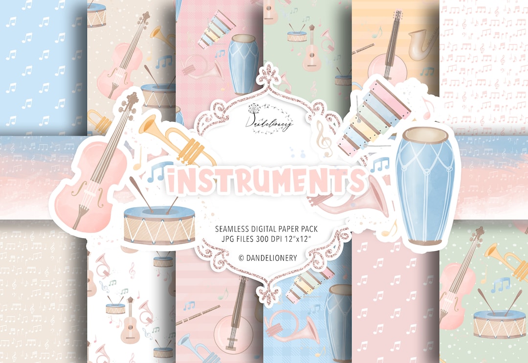 Watercolor Instruments Pastel Color Digital Paper Pack, Guitar, Trumpet ...